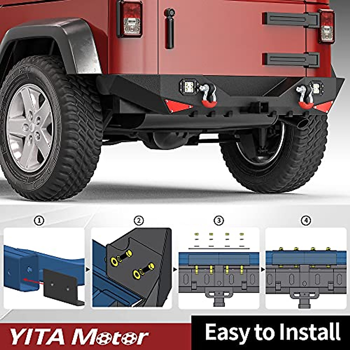 YITAMOTOR Rear Bumper Compatible with 2007-2018 Jeep Wrangler JK & JKU Unlimited, Off Road Back Bumper w/ 2" Hitch Receiver & 2x LED Lights & D-Rings, Upgraded