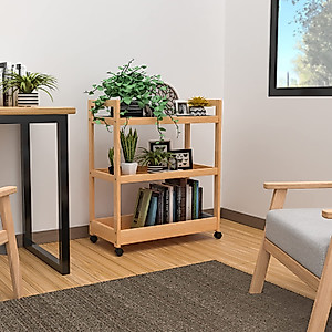 Purbambo Kitchen Storage Cart on Wheels, 3 Tier Bamboo Rolling Cart, Mobile Utility Cart for Home, Kitchen, Dining Room, Coffee Bar