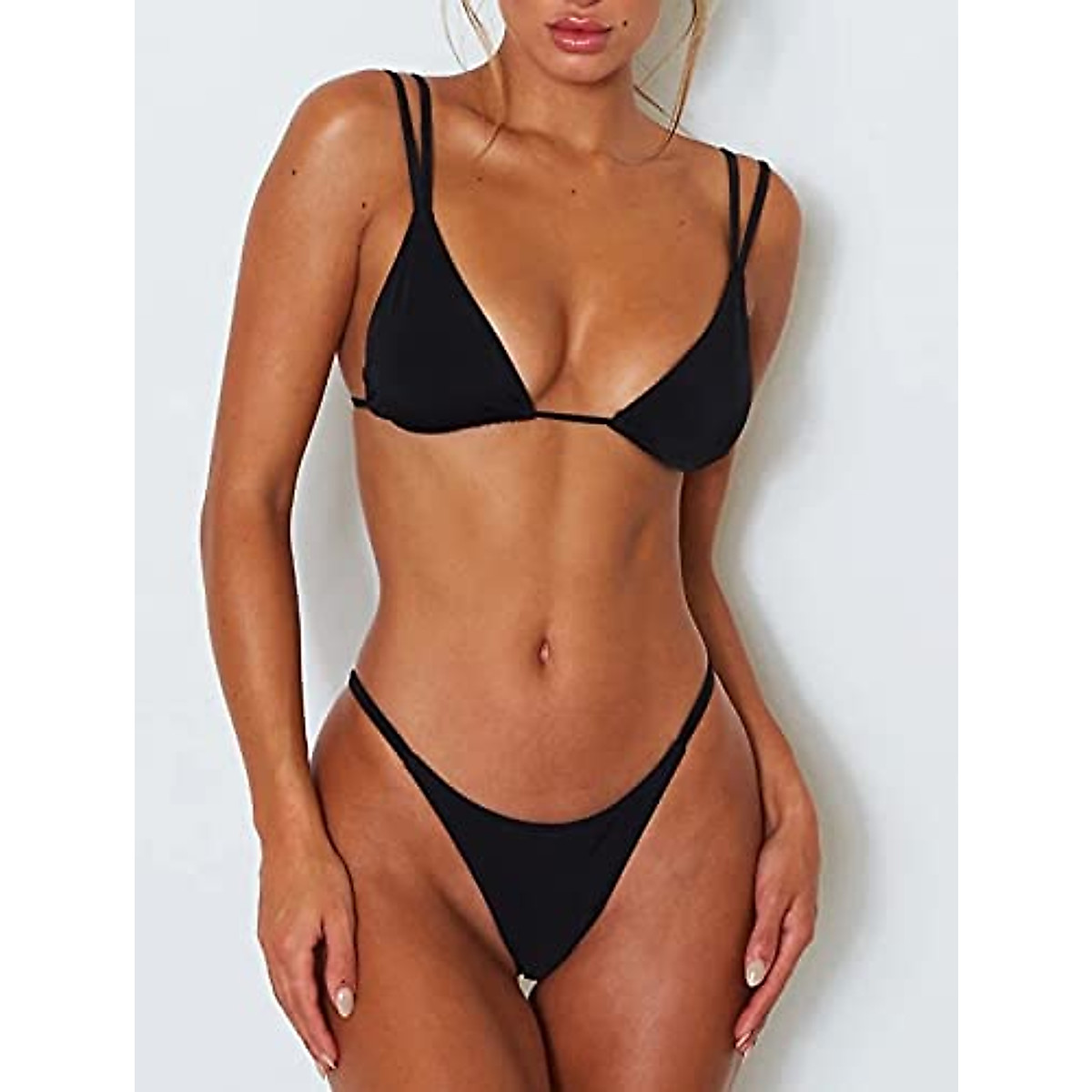 ForBeautyShe Women Black Bikini Set Solid Padded Push Up Triangle High Cut Thong Two Piece Swimsuit M