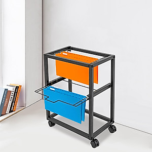 LOHISHILO 2 Tiers Metal Rolling File Carts with Wheels Hanging Files Movable Pull-Out File Folder Rack Drawer File Cabinet for Home, Office, Letters, Literature, Cards, Greeting Cards
