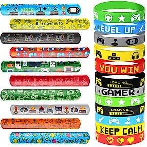 Lorfancy 56 Pcs Video Game Party Favors Kids Games Slap Bracelets Silicone Wristbands Girls Boys Video Game Party Supplies Decorations Gifts