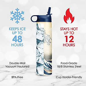 RainCaper 18/8 Stainless Steel Insulated Water Tumbler with Straw | 24oz, BPA-Free, Double Wall for Hot & Cold | Travel-Friendly, Cup Holder Ready (Hokusai The Great Wave)
