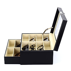 Siveit 16 Slot Sunglass Organizer Leather Eyeglasses Collector Eyewear Display Case Storage Box, Black