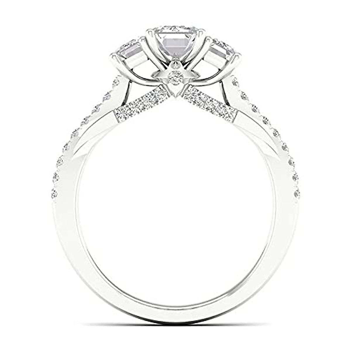 2 1/5 Ct Emerald Shape White Cubic Zirconia Three Stone & Side Stone Wedding Engagement Ring In 14K White Gold Plated 925 Sterling Silver (2.20 Cttw) Ring Size -7