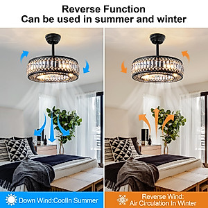 Modern Black Crystasl Ceiling Fan with Light, Caged 18" Bladeless Ceiling Fan with Remote Control, 6 Speed Low Profile Enclosed Ceiling Fan with Reversible Motor for Bedroom Kitchen Living Room