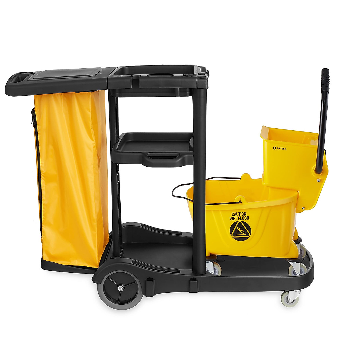Dryser Commercial Janitorial Cleaning Cart on Wheels with Cover, Shelves and Vinyl Bag & Commercial Mop Bucket with Side Press Wringer, 26 Qt. Yellow