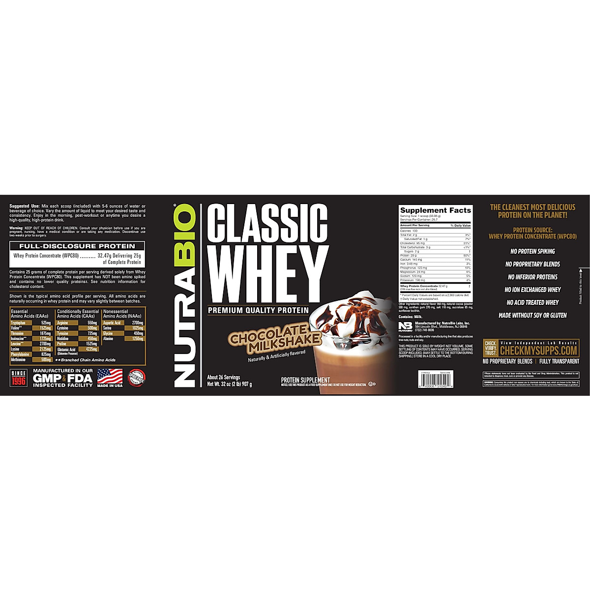 NutraBio Classic Whey Protein Powder- 25G of Protein Per Scoop - No Fillers, Artificial Colors, Preservatives - Chocolate Milkshake, 2 Pounds