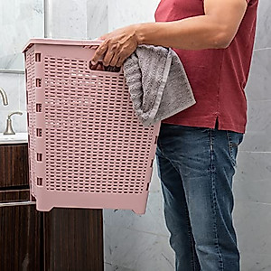 Mind Reader Basket Collection, Foldable Laundry Hamper, 61 Liter (10kg/22lbs) Capacity, Cut Out Handles, Attached Hinged Lid, Ventilated, 14.5"L x 18"W x 21.25"H, Pink