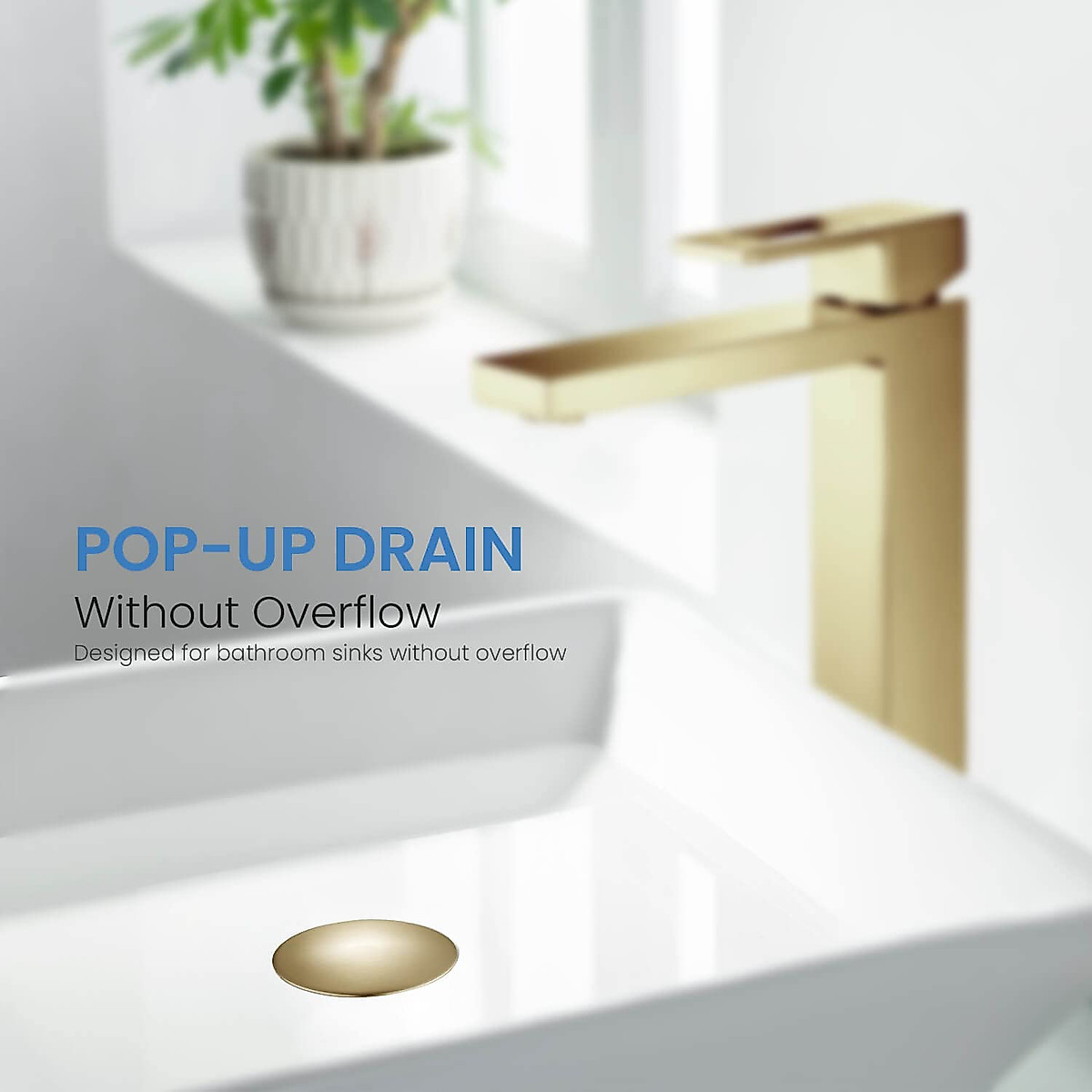 KIBI Bathroom Sink Pop Up Drain Without Overflow (Full Cover) | Lavatory Vanity Drain Stopper (Brushed Gold) (KPW103)
