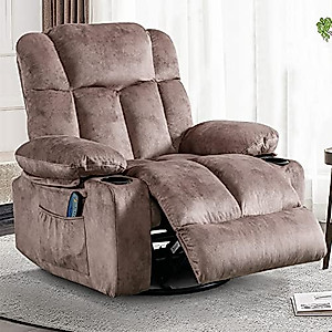 INZOY Massage Swivel Rocker Recliner with Heat and Vibration, Manual Swivel Rocking Recliner Chair with Vibrating Massage, Soft Fabric Heated Recliner Comfy Overstuffed Recliner with Cup Holder, Brown