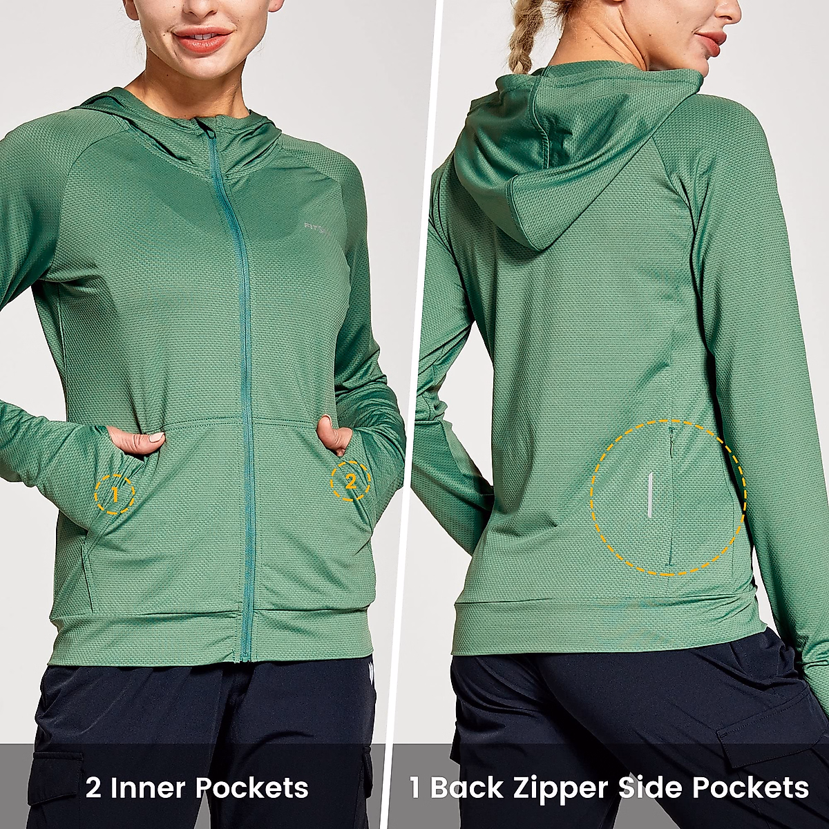 FitsT4 Womens UPF 50+ Sun Protection Hoodie Jackets Full Zip Long Sleeve Fishing Hiking Shirt with Pockets Green Size M