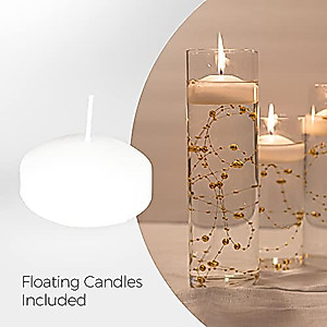 Floating Candle Cylinder Centerpiece Set, 3 Vases, 6 White Floating Candles 3" Diameter, 6 Artificial Gold Pearl Beads String Vase Fillers 40", Great for Weddings, Home Decor