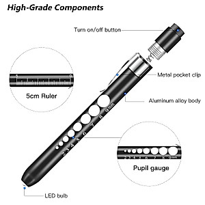 Opoway Nurse Penlight with Pupil Gauge Medical Pen Light for Nurses Doctors with Batteries Included 2ct. Black and Silver