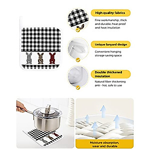 Pot Holder Set of 2 Happy Easter Bunny Black White Buffalo Grid Potholder Heat Proof Non-Slip Pot Holders,Leopard Rabbit Red Check Hot Pads Potholders for Kitchen Cooking Baking BBQ
