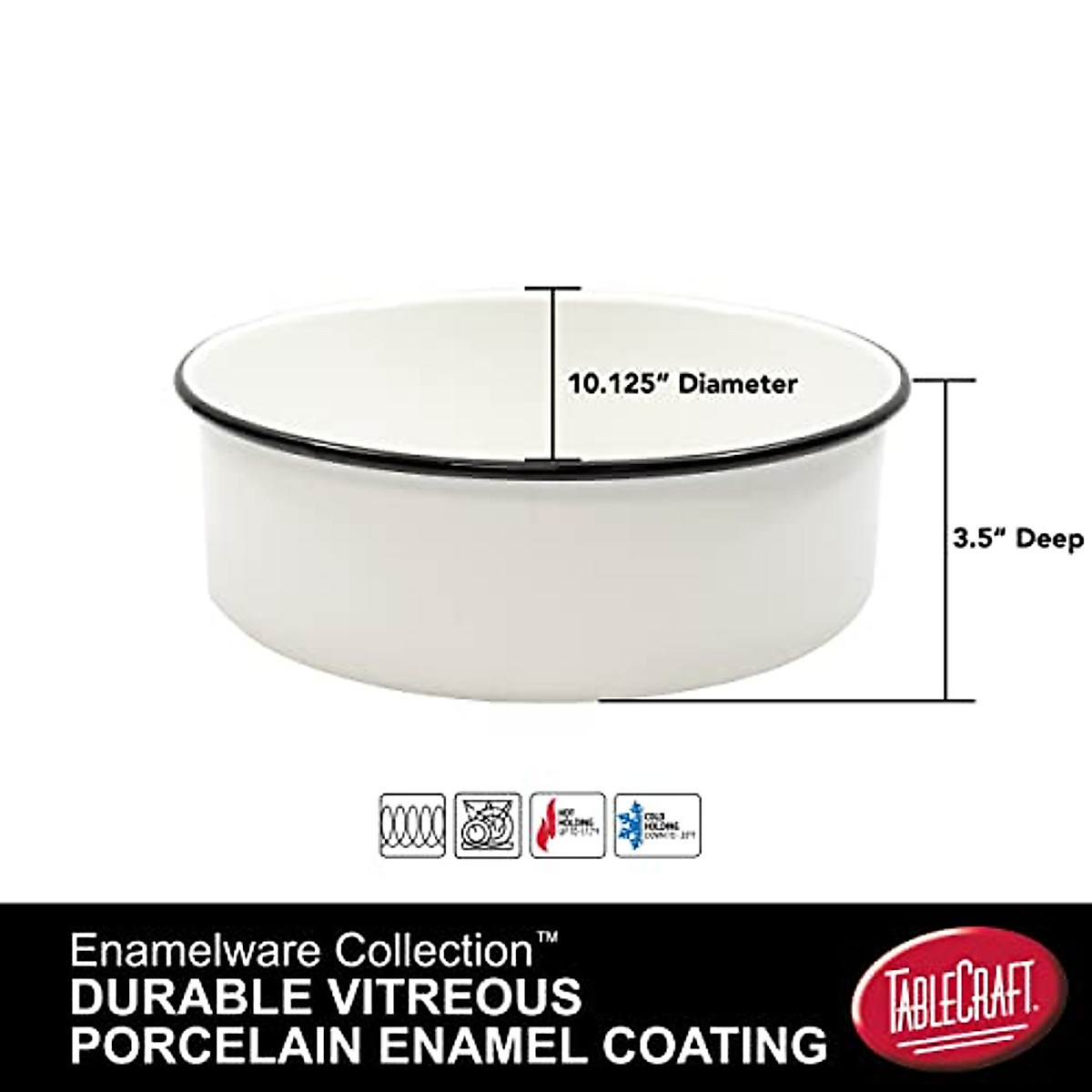 Tablecraft Enamelware Collection Black Rim Solid White Enamel Deep Bowl Baking Pan, Camping, Farmhouse, Home & Restaurant, Porcelain over Steel, Vintage, Boho, Retro, 10.13" Round, 3.6" Deep