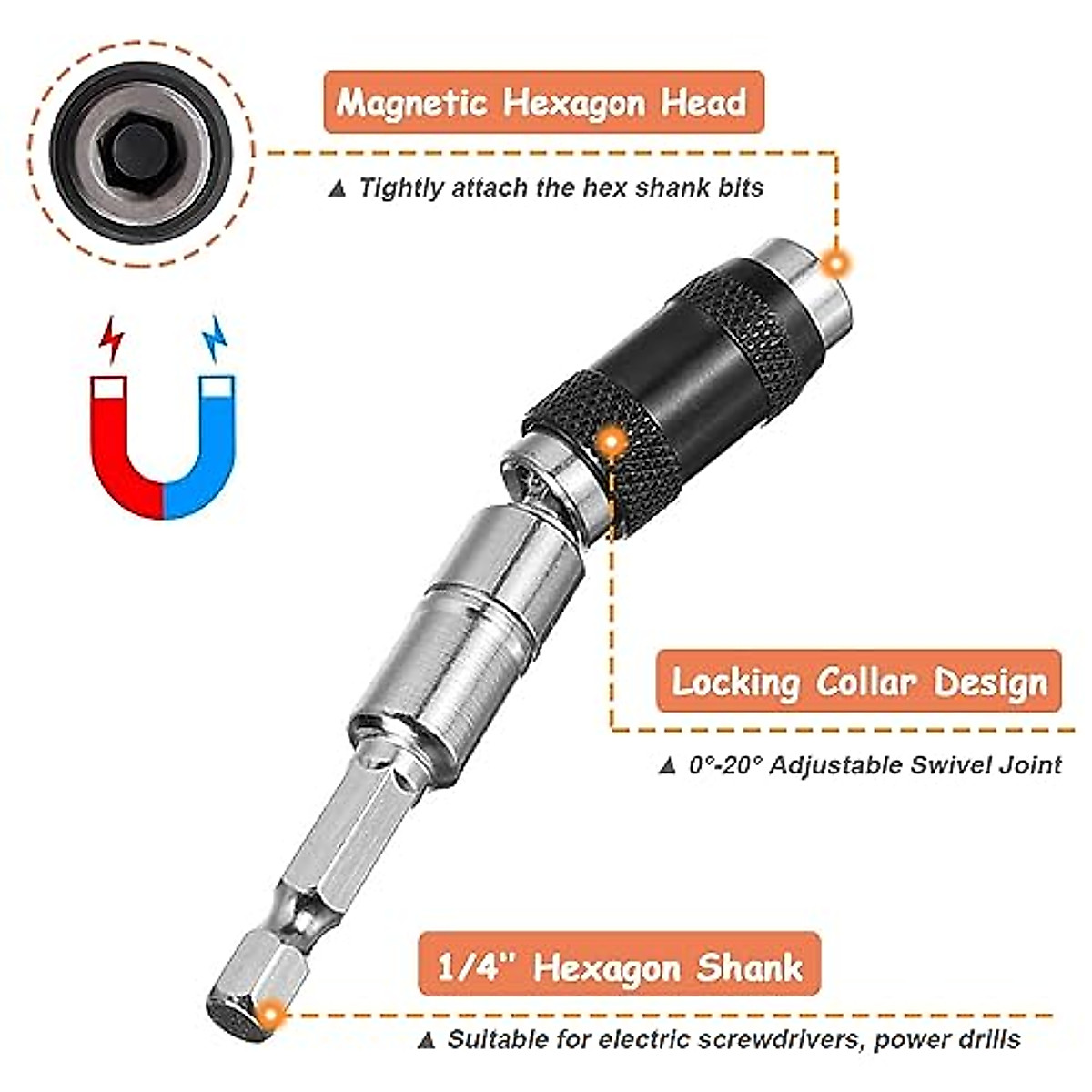 Mesee 3 Pieces Magnetic Pivoting Bit Tip Holder 1/4'' Hex Shank Quick Change Screwdriver Bit Holder Extension Bar Magnetic Screw Drill Tips Holder Extender Bendable in 20° for Corners or Tight Spots