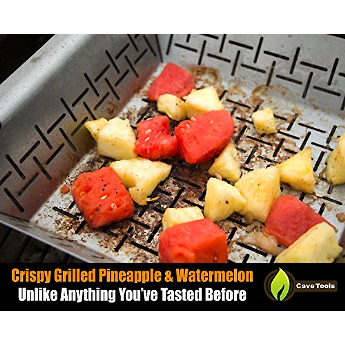 Cave Tools Vegetable Grill Basket - Large Non Stick BBQ Grid Pan for Vegetables, Meat, Fish, Shrimp, & Fruit - Dishwasher Safe Stainless Steel - BBQ Grill Accessories