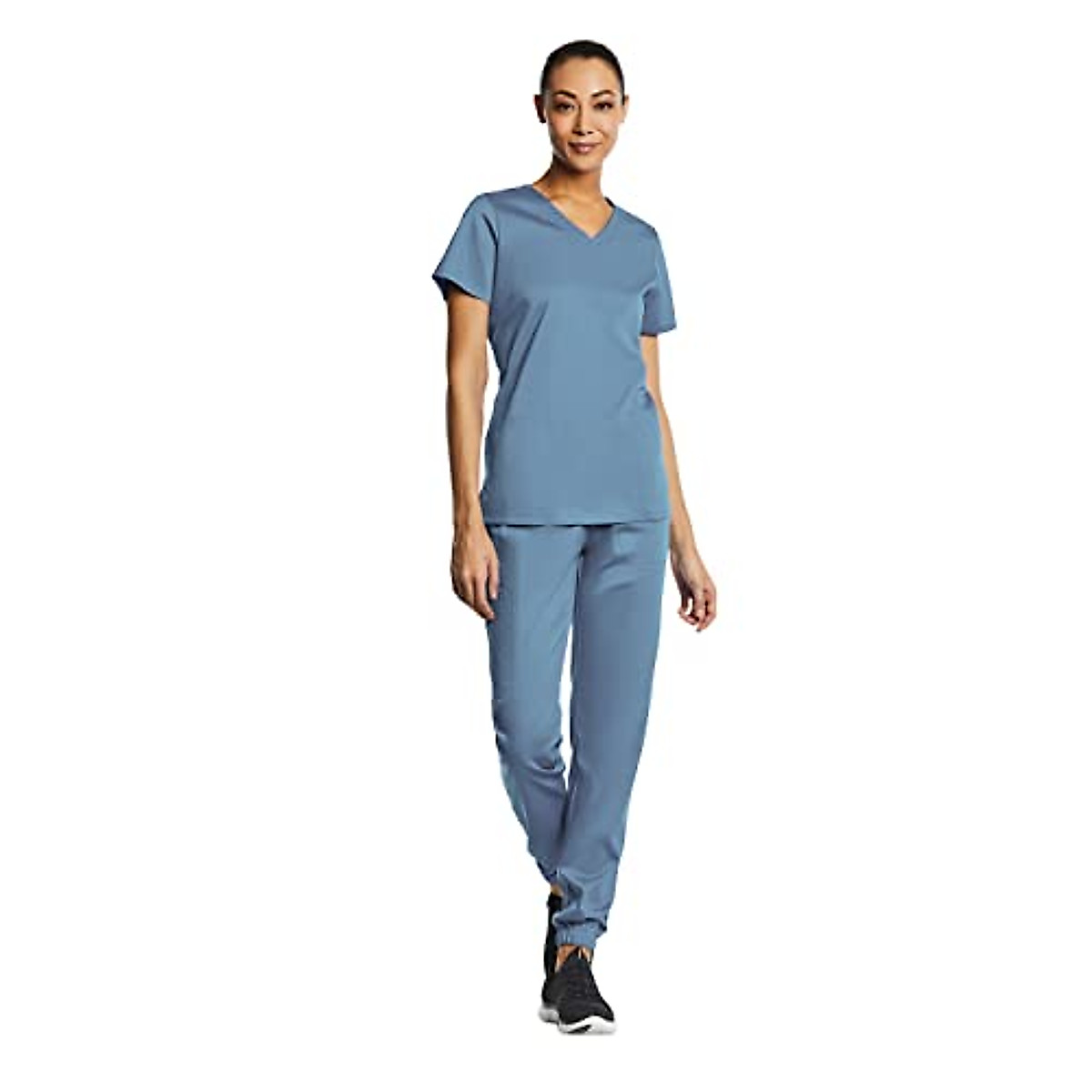V-Neck Jogger Scrubs for Women Set 7 Pocket 4-Way Stretch Elements EL9935 (Ceil Blue, Medium)