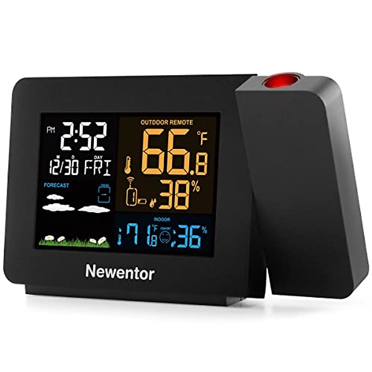 Newentor Projection Alarm Clock for Bedroom Ceiling, Atomic Projector Clocks with WWVB Function,Weather Station with Indoor Outdoor Temperature Humidity, Weather Forecast, Adjustable Backlight
