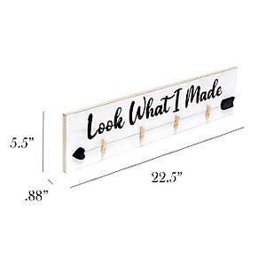 Elegant Designs HG2038-WBM Decorix Farmhouse Wall Mounted Hanging 4 Photo Wood Picture Display w Clips & Look What I Made Black Script for Artwork,Drawings,Décor,Kids Room,Nursery,Playroom,Wht Wash