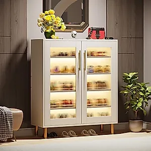 Tribesigns Shoe Cabinet with Acrylic Doors and LED Light, 24 Pairs Entryway Shoe Organizer Storage Rack with 5-Tier Adjustable Shelves for Narrow Closet, Hallway, Living Room (White & Gold)