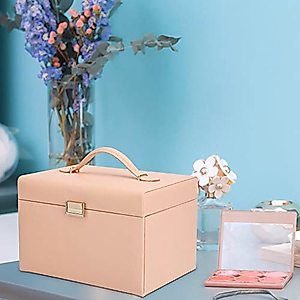 FEISCON Jewelry Box Organizer Watch Case Large Jewelry Holder Eyeglass Sunglasses Storage Box Leather Display Case Earring Organizer/Pink