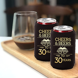 Cheers and Beers to 30 Years Can Coolers, 30th Birthday Party Coolies, Set of 12, Black and Gold Can Coolers, Perfect for Birthday Parties, Birthday Decorations…