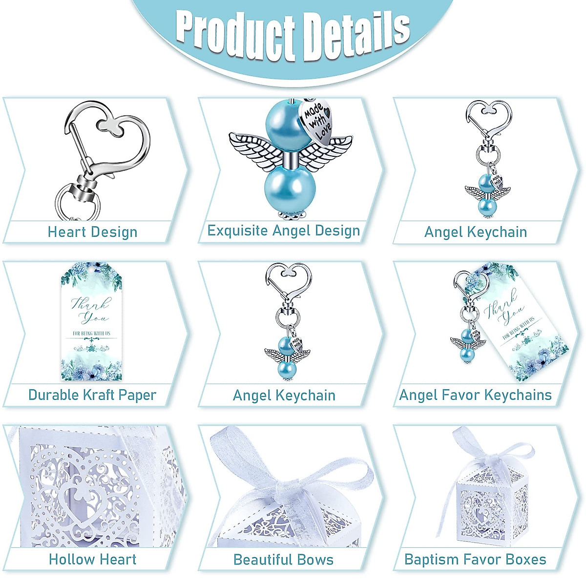 OurWarm Baby Shower Favors for Boys, 48 Sets Baby Shower Party Favors Including Angel Keychains, Favor Boxes and Thank You Cards Baby Shower Gifts for Boys Guests, Baptism Favors, Wedding Favors(Blue)
