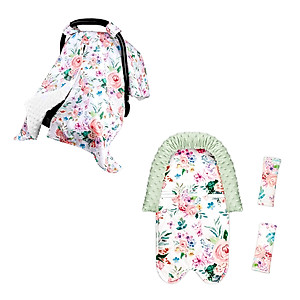 Baby Car Seat Cover, Peekaboo Opening Car Seat Canopy for Baby Girls Boys, Car Seat Head Support Infant, Baby Head Support with Strap Covers for Girls Boys, Pink Watercolor Flower