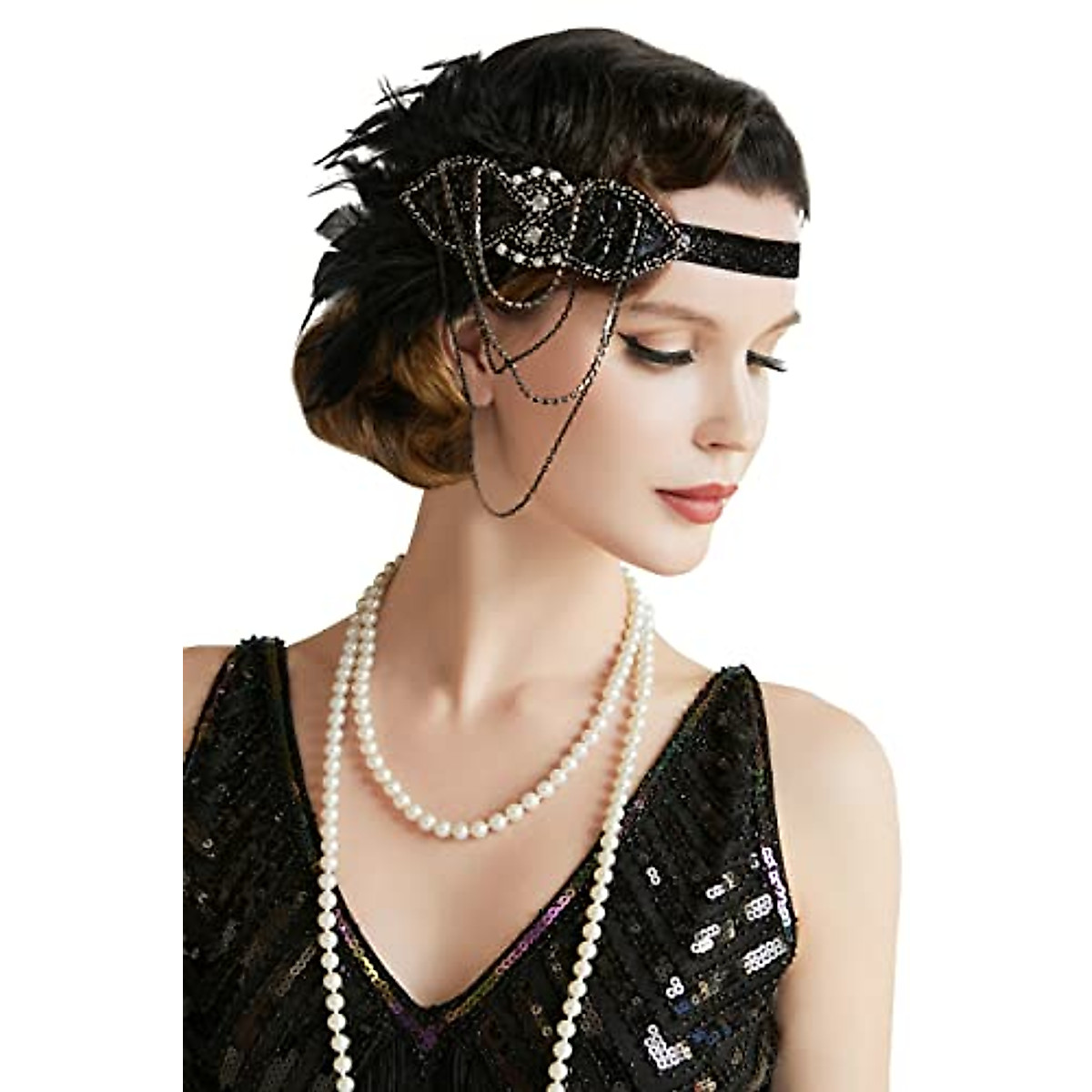 BABEYOND 1920s Flapper Headband 20s Great Gatsby Headpiece Black Feather Headband 1920s Flapper Gatsby Hair Accessories (Black)