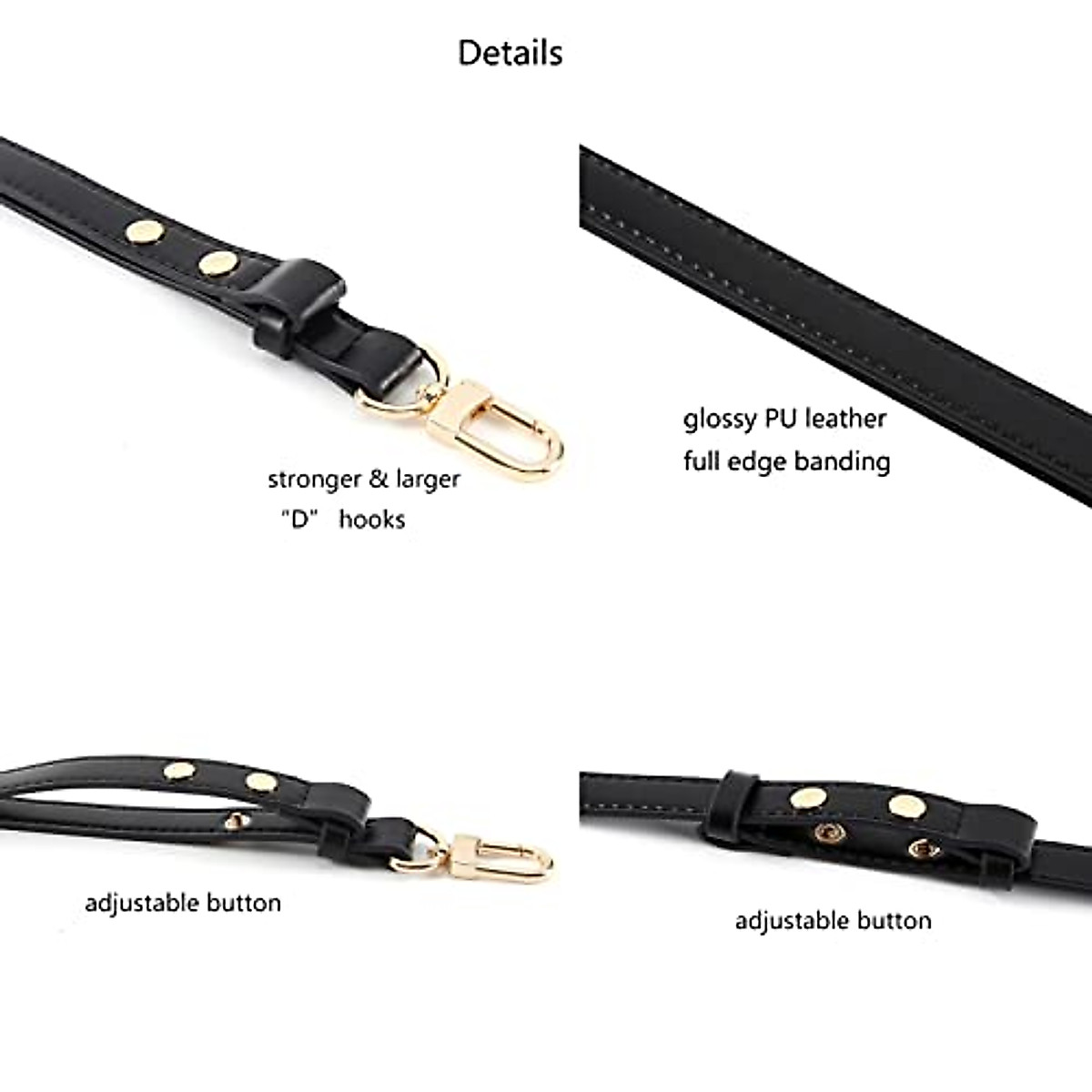 Adjustable PU Leather Purse Handle Shoulder Crossbody Strap for Handbag Bucket Bag (Black - Gold)