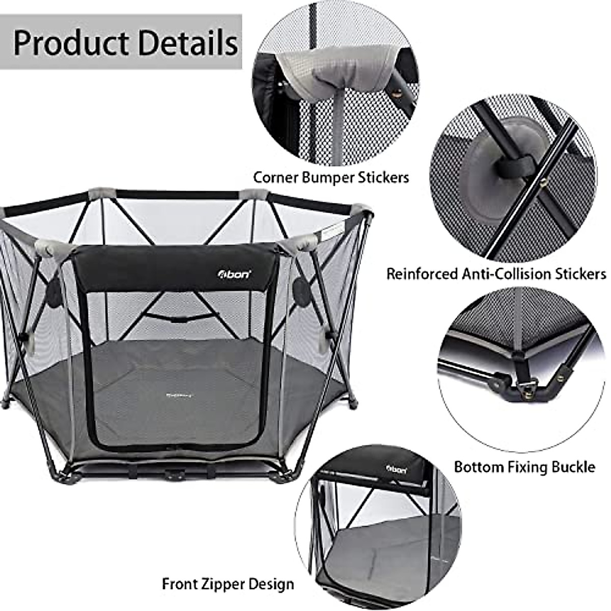 Abon Babies 6 Panel Play Pen Playard for Infants Portable Indoor and Out Door Washable Easy Assemble Play Activity Area with Mat and Carrying Bag for 1-6 Age 53" Wx 30" H(Grey