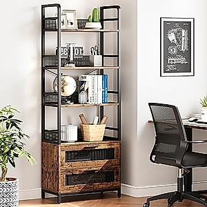 IDEALHOUSE Bookshelf with Drawers Industrial Bookcase with 4 Tiers Open Storage Shelves Rustic Bookshelves 70.87" Tall Display Racks Farmhouse Bookshelf for Bedroom, Living Room, Home Office, Brown
