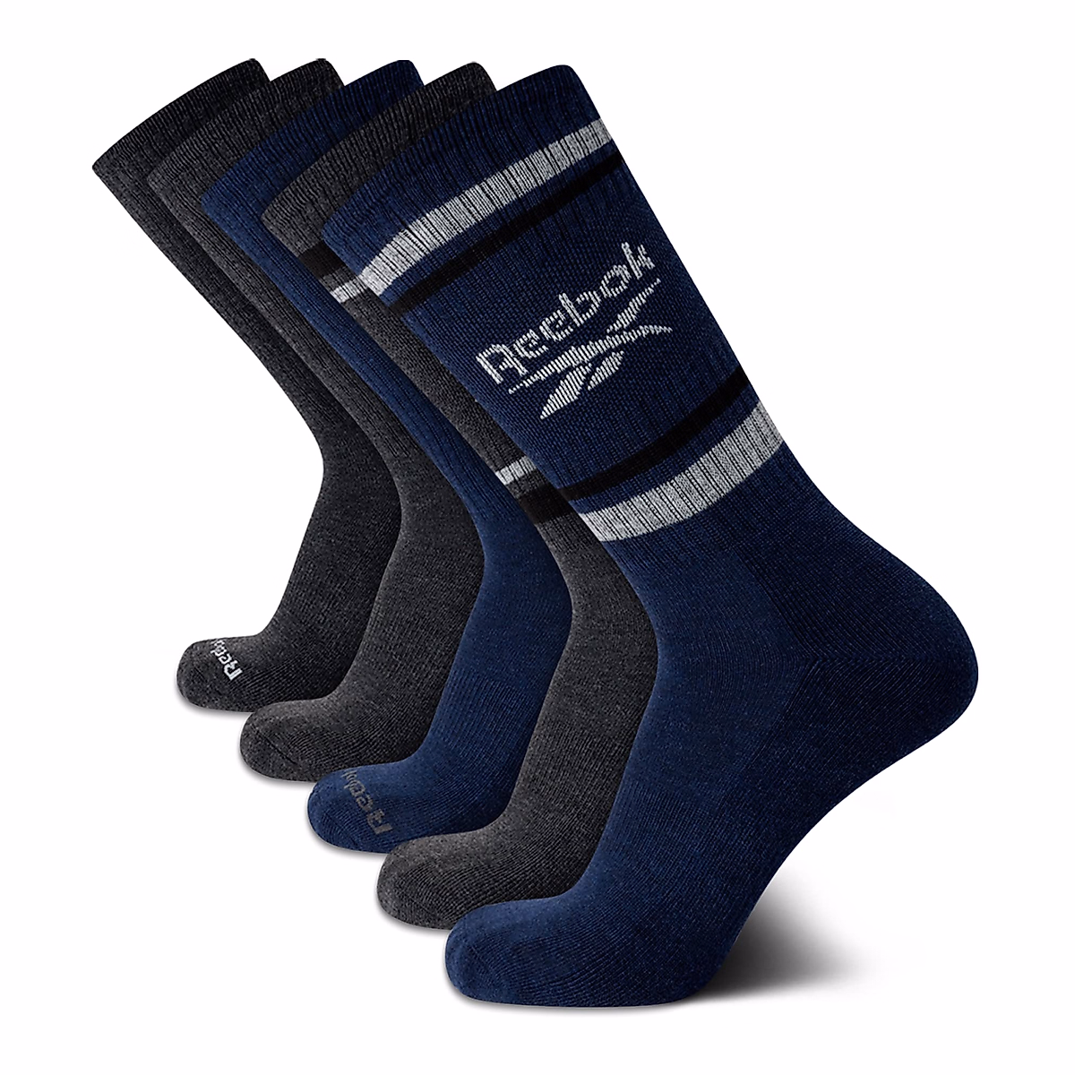 Reebok Men's Crew Socks - 5 Pack Comfort Cushion Performance Crew Socks for Men - Classic Men's Sports Socks (Size: 6-12.5), Size 6-12.5, Navy/Grey
