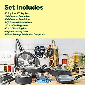BELLA 21 Piece Cook Bake and Store Set, Kitchen Essentials for First or New Apartment, Assorted Non Stick Cookware, 9 Nylon Hassle-Free Cooking Tools, 5 Glass Storage Bowls w Lids, BPA & PFOA Free