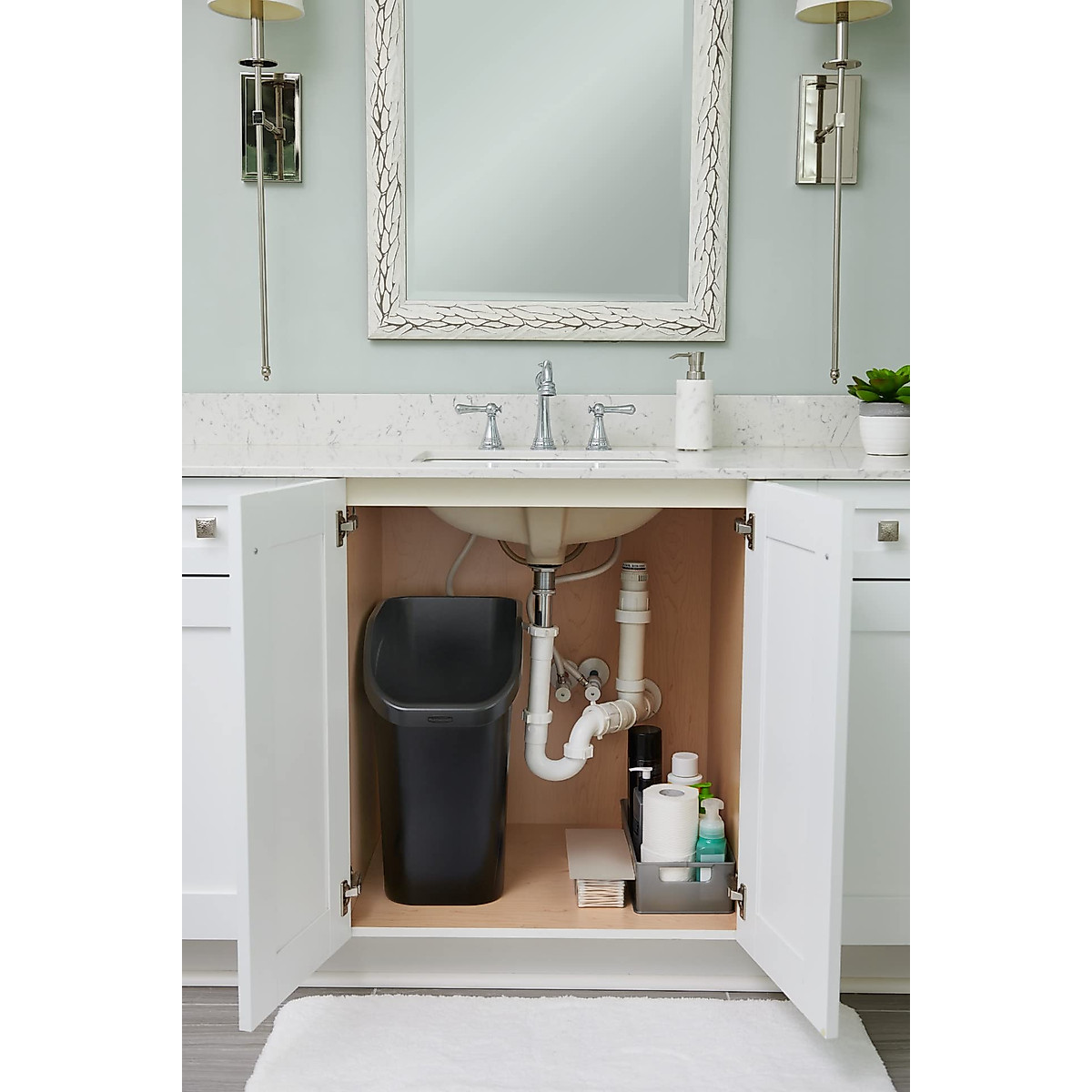 Rubbermaid Undercounter Small Trash Can, 2 Pack Blue and Black for Recycling/Waste, 9.4-Gallon, Fits under Sink/Desk/Cabinate for use in Kitchen/Bathroom/Office