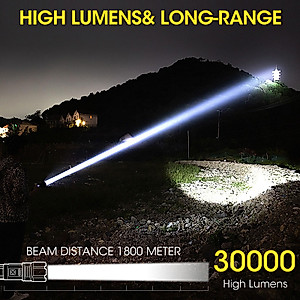 Flashlight High Lumens, Rechargeable Super Bright 30000 Lumen LED Tactical Flashlights 1800M Long Throw Spotlight with Cob Side Light,Zoomable, Waterproof Flashlight for Home Emergency Camping Search