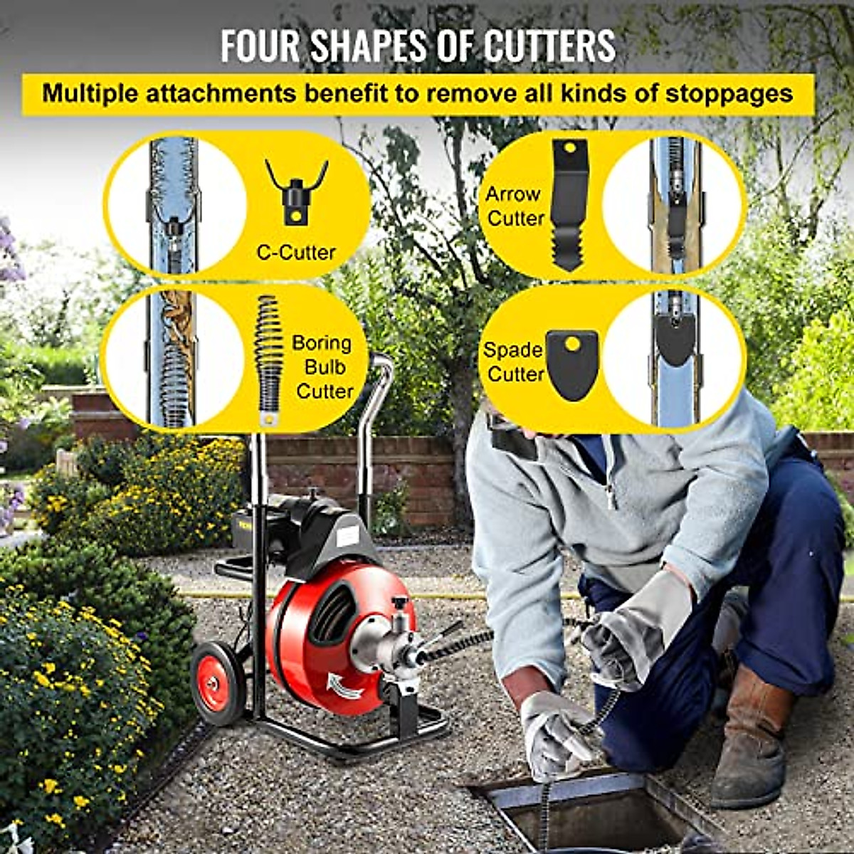 VEVOR Drain Cleaner Machine 100 Ft x 3/8 Inch Auto Feed Drain Cleaning Machine Fits 1 to 4 Inch Pipes, Portable Drain Auger Cleaner with 8 Auger Bits, Electric Drain Auger Plumbing Tool