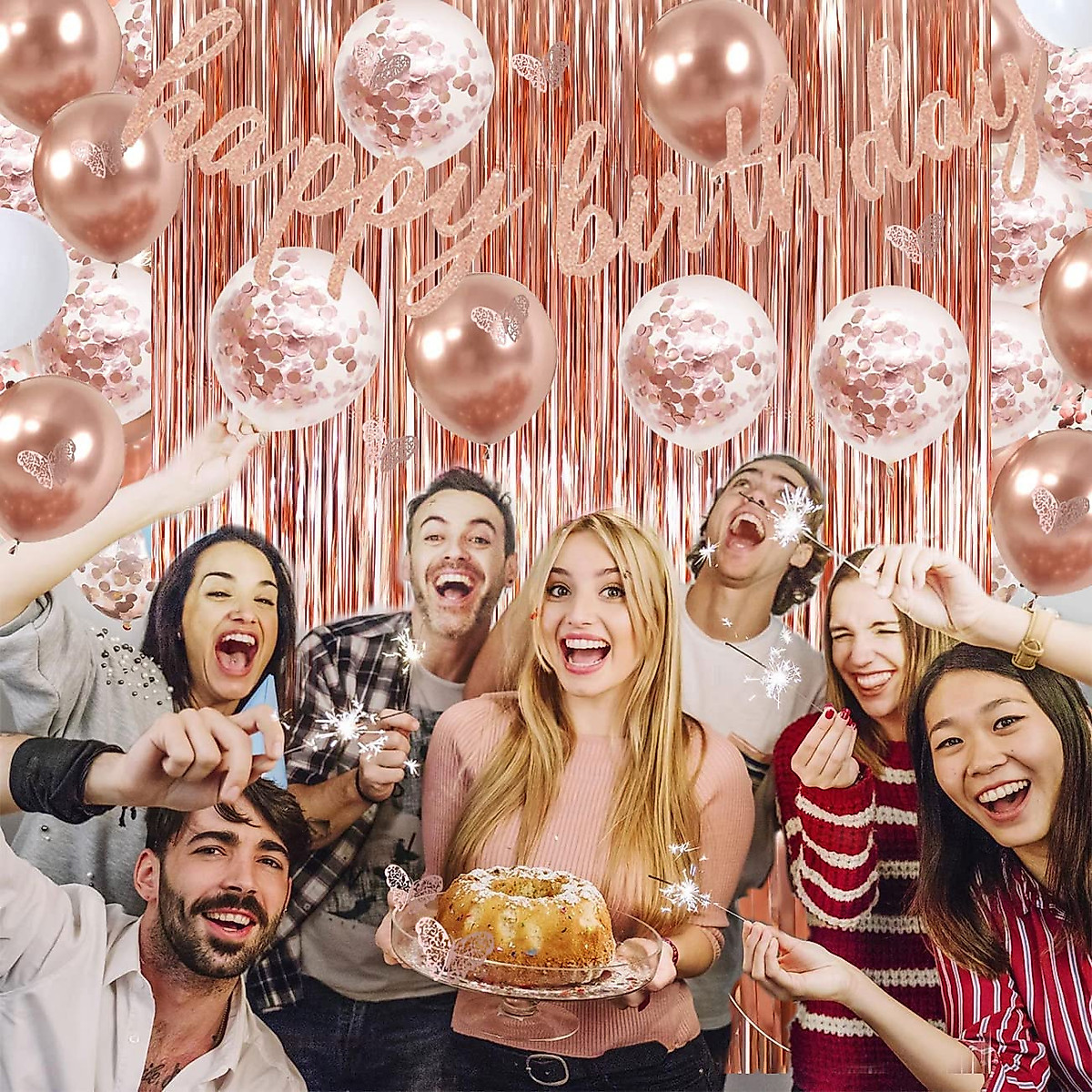 Rose Gold Birthday Party Decorations, Happy Birthday Banner, Rose Gold Fringe Curtain, Rose Gold Sequin Table Runner, 3D Butterfly Wall Decal, Rose Gold Balloons for Women Girls Birthday Party
