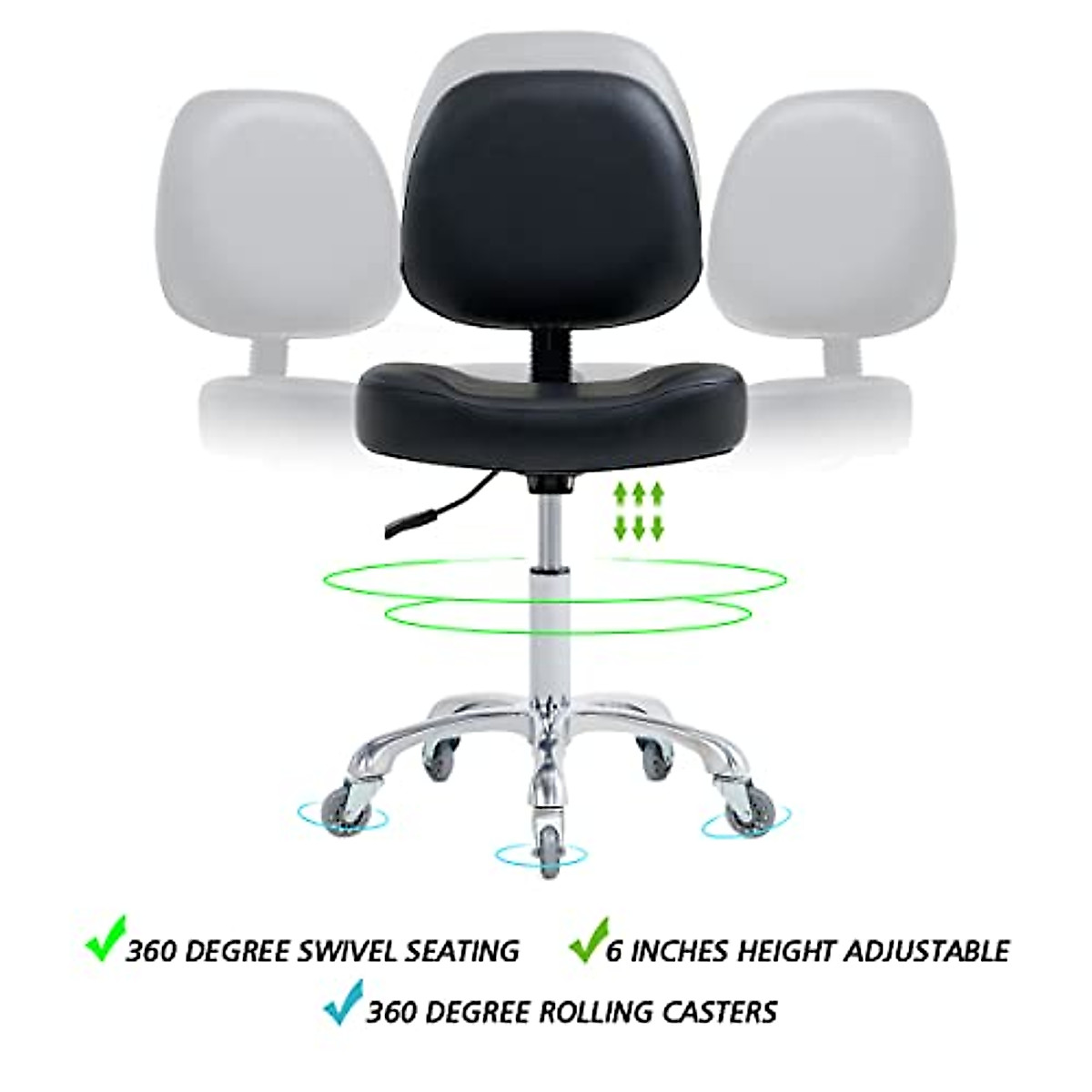 Vanity Rolling Chair Esthetician Shop Stool with Wheels,Ergonomic Lash Armless Office Chair, Desk Chair for Makeup Bedroom Classroom (Black)