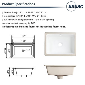 Small Undermount Bathroom Sink 16 Inch White Rectangular Porcelain Ceramic Vanity Basin with Overflow (15.70"x11.69") KDKSC