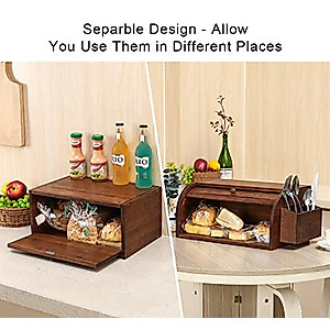 TQVAI Bamboo Bread Box for Kitchen Counter Dobule Layer Roll Top Bread Storage Container with Silverware Basket - Can Use as 2 Individual Bread Bin - Assembly Required, Retro Brown