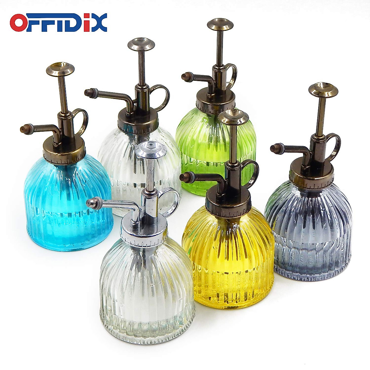 OFFIDIX Plant Mister Plant Water Spray Bottle, 6.3" Tall Vintage Style with Bronze Plastic Top Pump One Hand Glass Watering Can for Indoor Potted Plants Terrariums (Dark Gray)