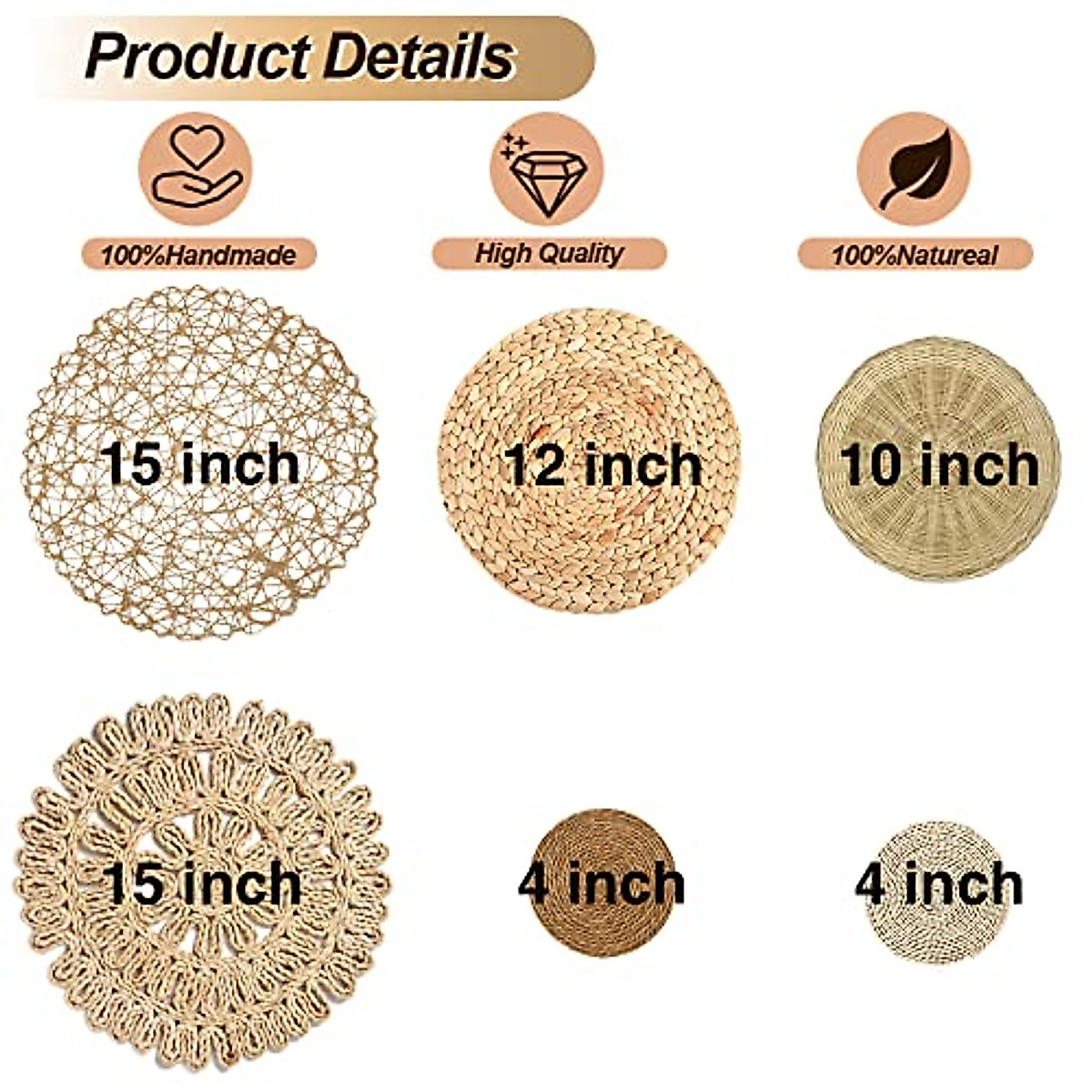 Boho Wall Basket Decor set of 8 (Size: 4.3"-15"), Handmade Boho Wall Baskets Decor, Woven Seagrass Wicker Rattan Flat African Baskets Wall Hanging Decor