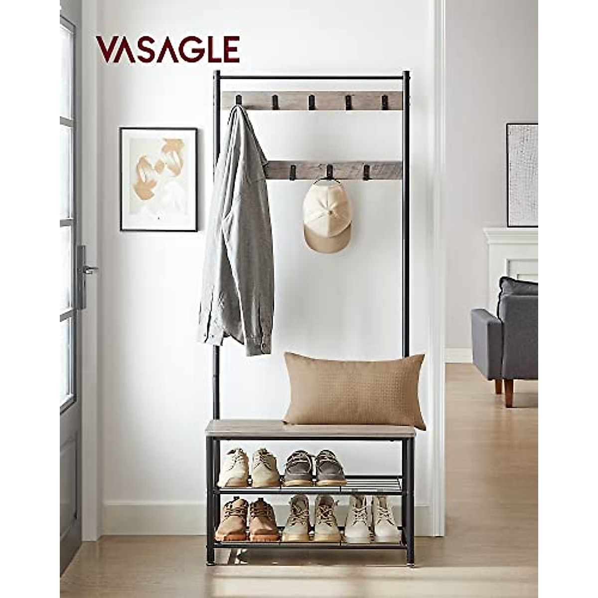 VASAGLE Coat Rack, Hall Tree with Shoe Storage Bench, Entryway Bench with Shoe Storage, 3-in-1, Steel Frame, for Entryway, 12.6 x 27.6 x 69.8 Inches, Industrial, Greige and Black UHSR41MB