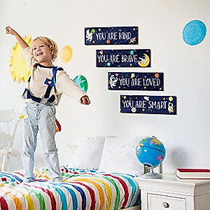 4 Pieces Space Decor Boys Room Space Posters Boy Bedroom Wall Decor Spaceman Wood Sign Inspirational Space Wall Art Boys Bedroom Decor Space Motivational Quote for Baby Kids Classroom Nursery