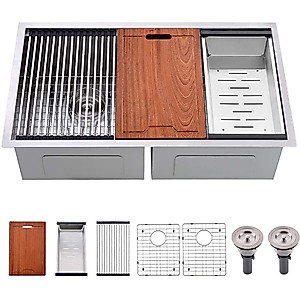 33 Inch Double Bowl Undermount Kitchen Sink Workstation-Bokaiya 33x19 Stainless Steel Undermount Double Bowl Kitchen Sink 16 Gauge Deep 50/50 Low Divide Undermount Sink