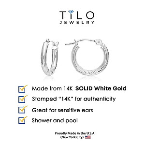 14k Gold Hand Engraved Diamond-Cut Round Hoop Earrings, (13mm-0.5 inch Diameter)- White Gold…