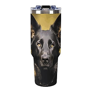 40 Oz Vacuum Tumbler with Deep Blue Handle Leakproof Insulated Tumbler Black German Shepherd Dog Stainless Steel Travel Mug with Lid And Straw Coffee Cup Cute Water Bottles Cup Holder Friendly