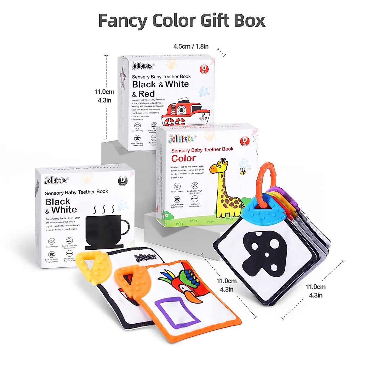 Jollybaby Newborn Sensory Teething Toy, Early Educational Bright Color High Contrast Teether Cloth Book, Clip-on Soft Fabric Flash Cards with Gift Package for 0 to 12 Months Travel Teething Relief